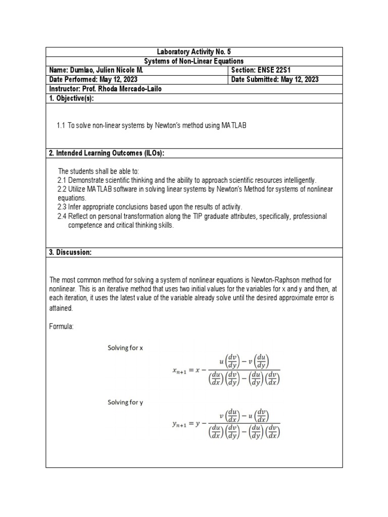 Laboratory Activity 5 Systems of Nonlinear Equations Dumlao | PDF | Nonlinear System ...