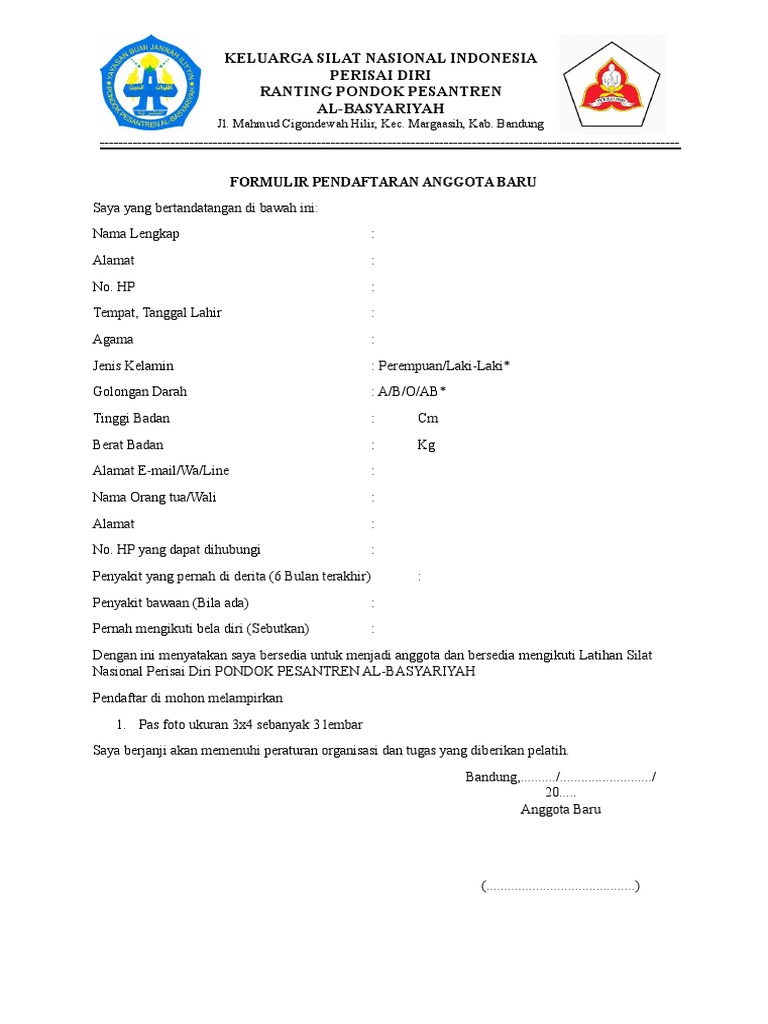 Pendaftaran Anggota Silat Al-Basyariyah | PDF