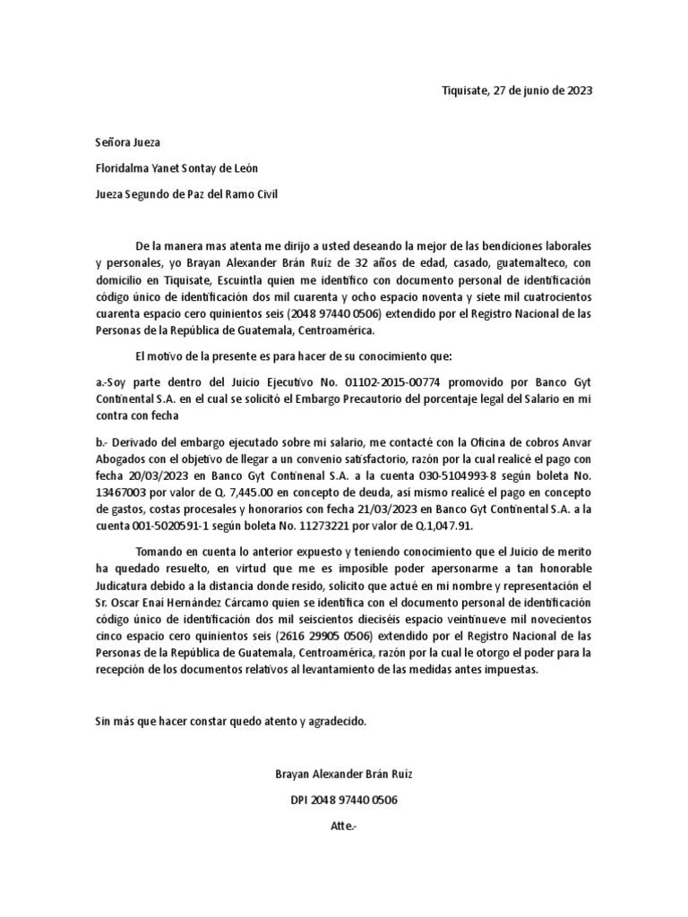 Carta Poder Brayan Bran | PDF | Guatemala