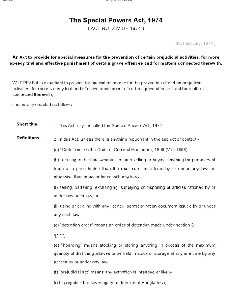 Special Powers Act, 1974 Overview | PDF | Detention (Imprisonment ...