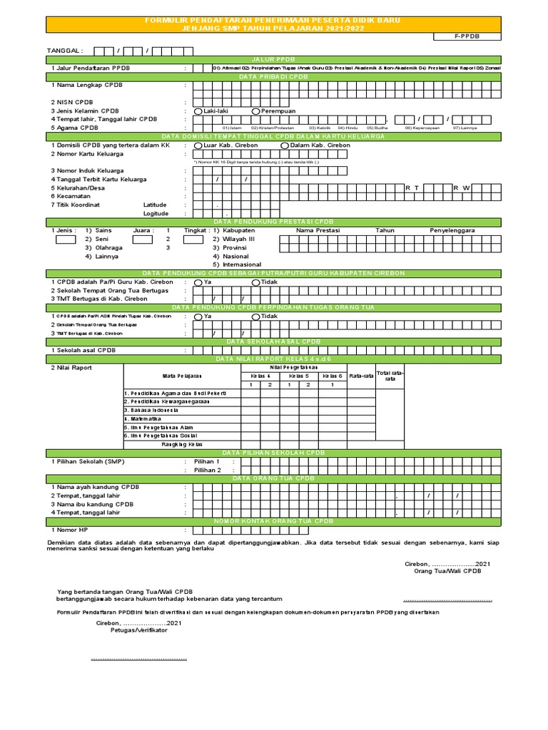 Formulir PPDB SMP 2021/2022 Cirebon | PDF