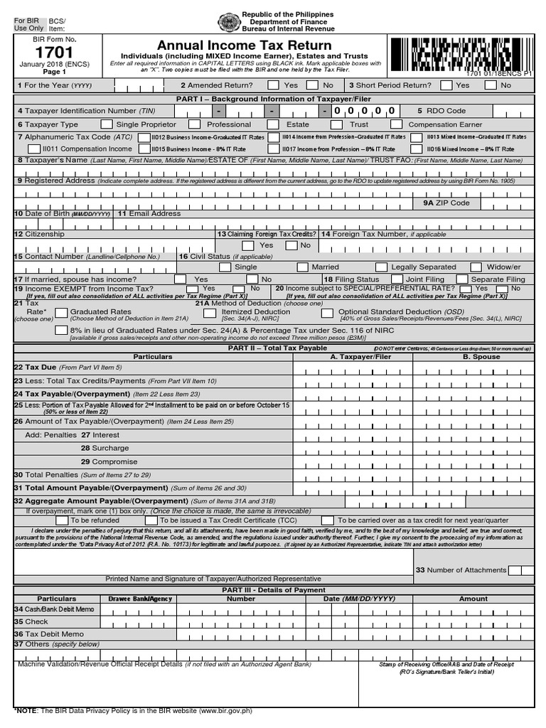1701 Annual Income Tax Return - Individual | PDF | Tax Deduction ...