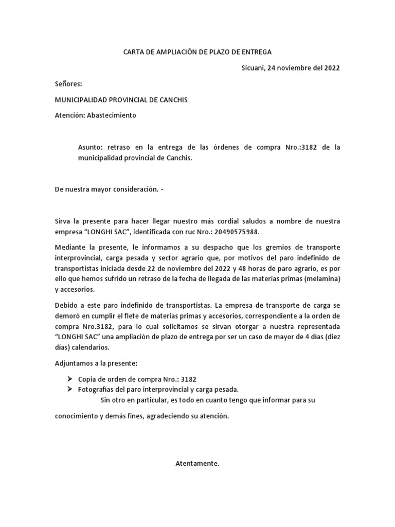 Carta de Ampliacion de Plazo de Entrega | PDF