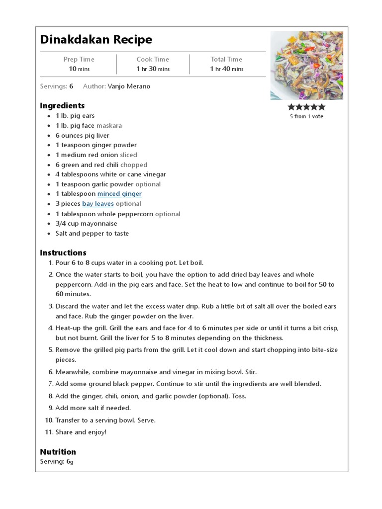 Dinakdakan Recipe - Panlasang Pinoy | PDF