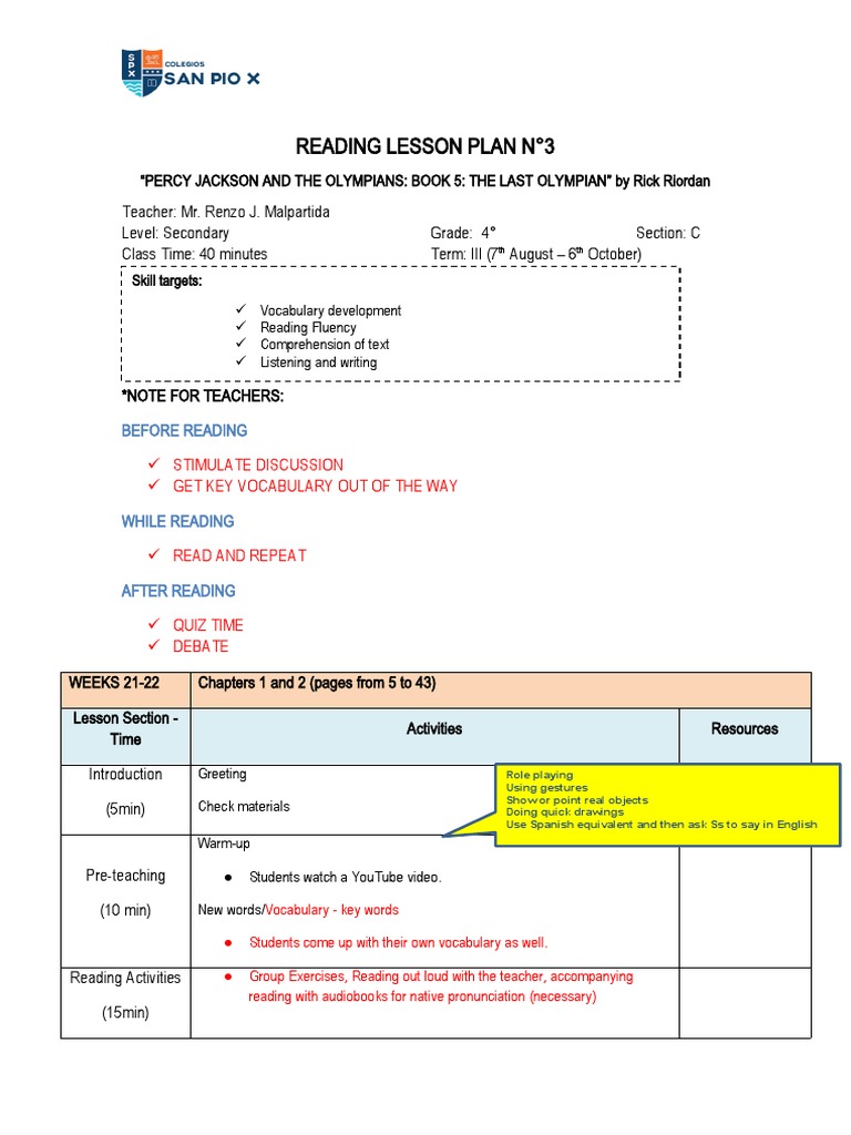 Reading Lesson Plan N°3 - 4° Sec C | PDF | Reading Comprehension ...