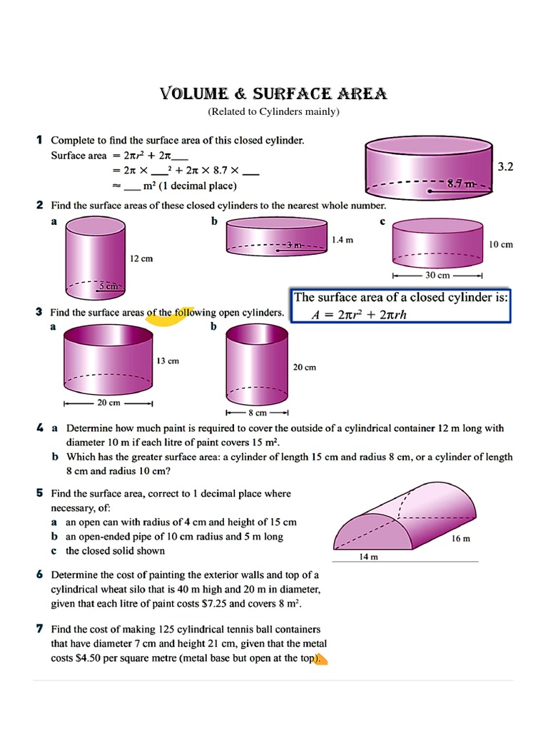 Volume & Surface Area of Cylinders | PDF