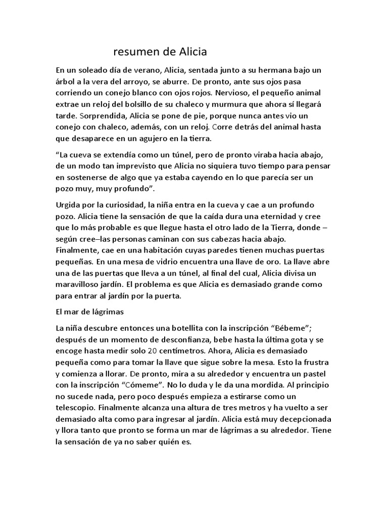 Resumen de Alicia | PDF | Las aventuras de Alicia en el País de las Maravillas | Lewis Carroll