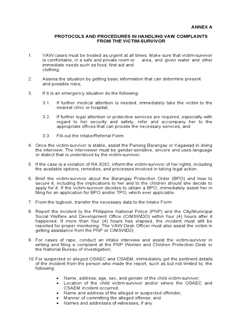 VAW Complaint Handling Protocols | PDF | Social Science