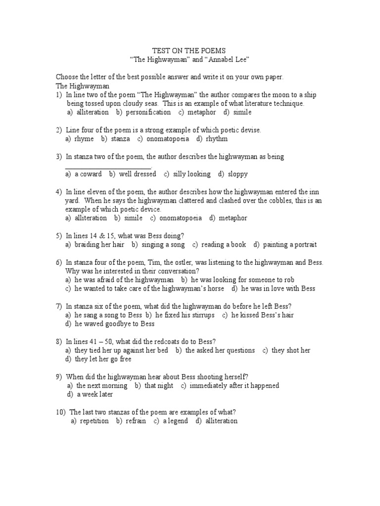 Test On The Poems | PDF