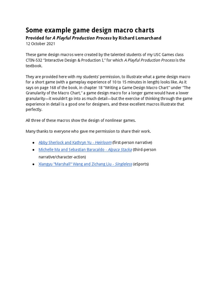 A Playful Production Process - Richard Lemarchand - Some Example Game Design Macro Charts | PDF