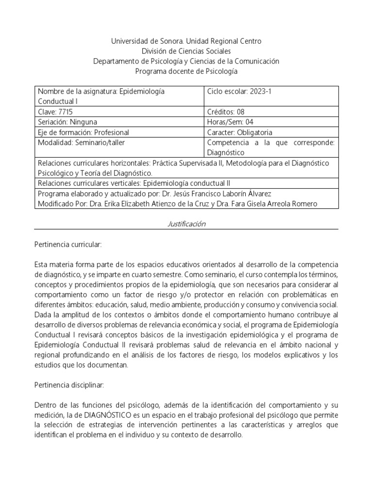 Programa de Materia Epidemiologia Conductual 1 - 2023-1 | PDF | Sicología | Comportamiento