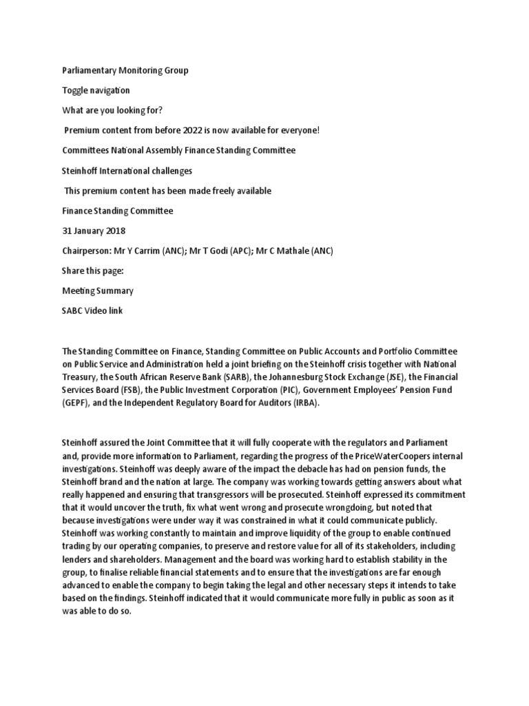 Steinhoff Crisis: Parliamentary Briefing Summary | PDF | Pension ...