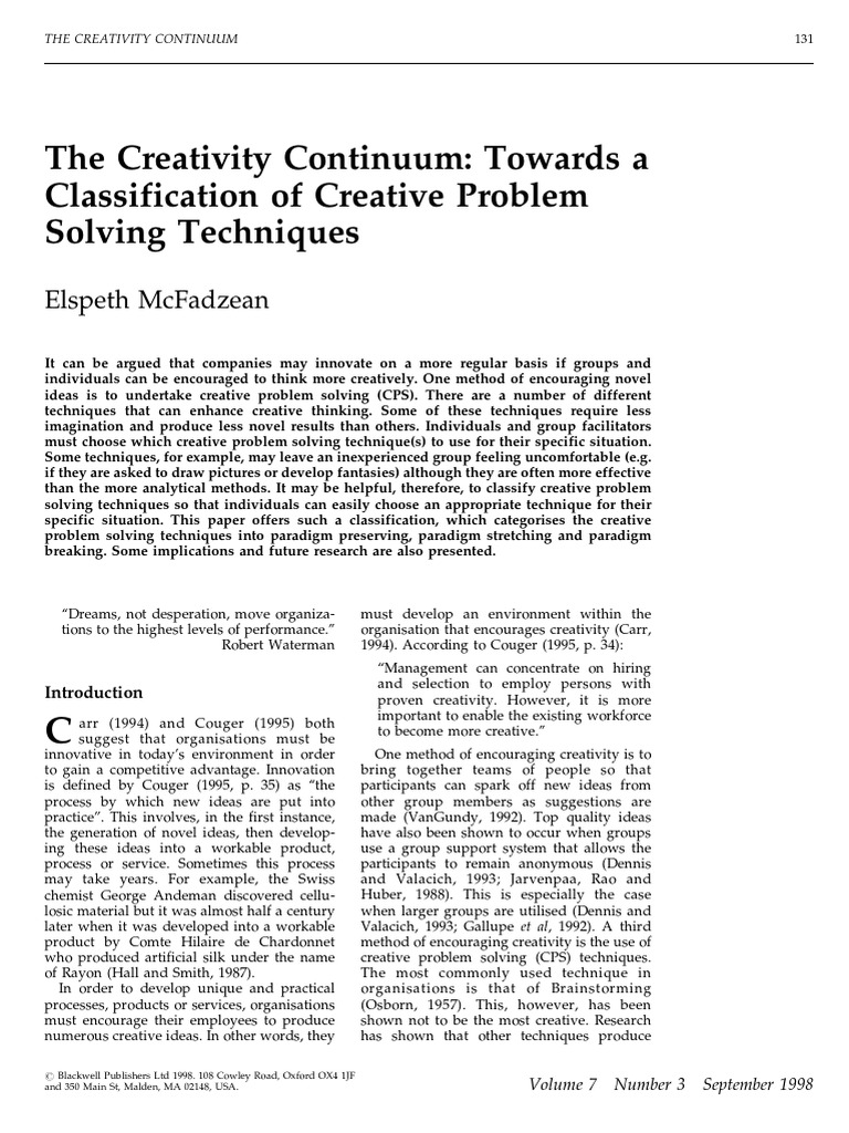 McFadzean - 1998 - The Creativity Continuum Towards A Classification of Creative Problem Solving ...