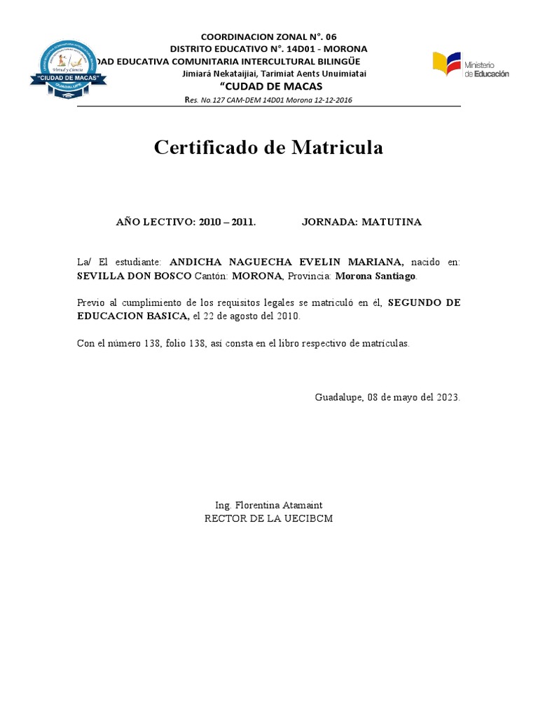 CERTIFICADO MATRICULA | PDF | Juventud | Parentesco y descenso