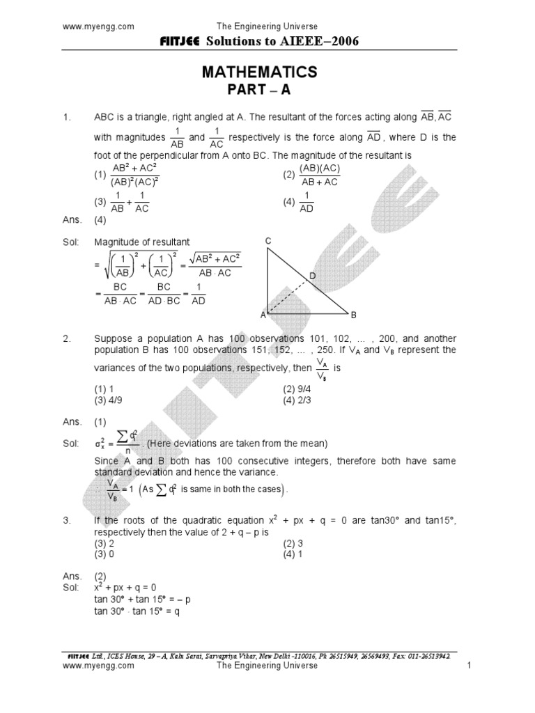 Mathematics: Fiitjee Solutions To AIEEE | PDF | Matrix (Mathematics) | Space