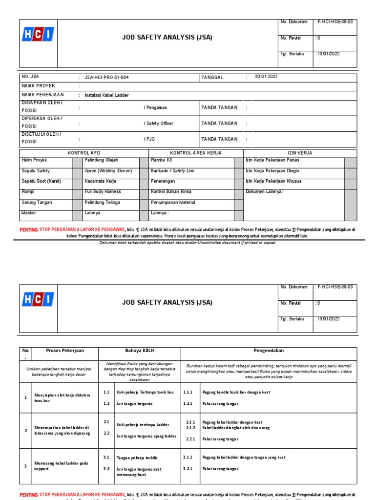 JSA HCI PRO 01 004 Instalasi Kabel Ladder | PDF
