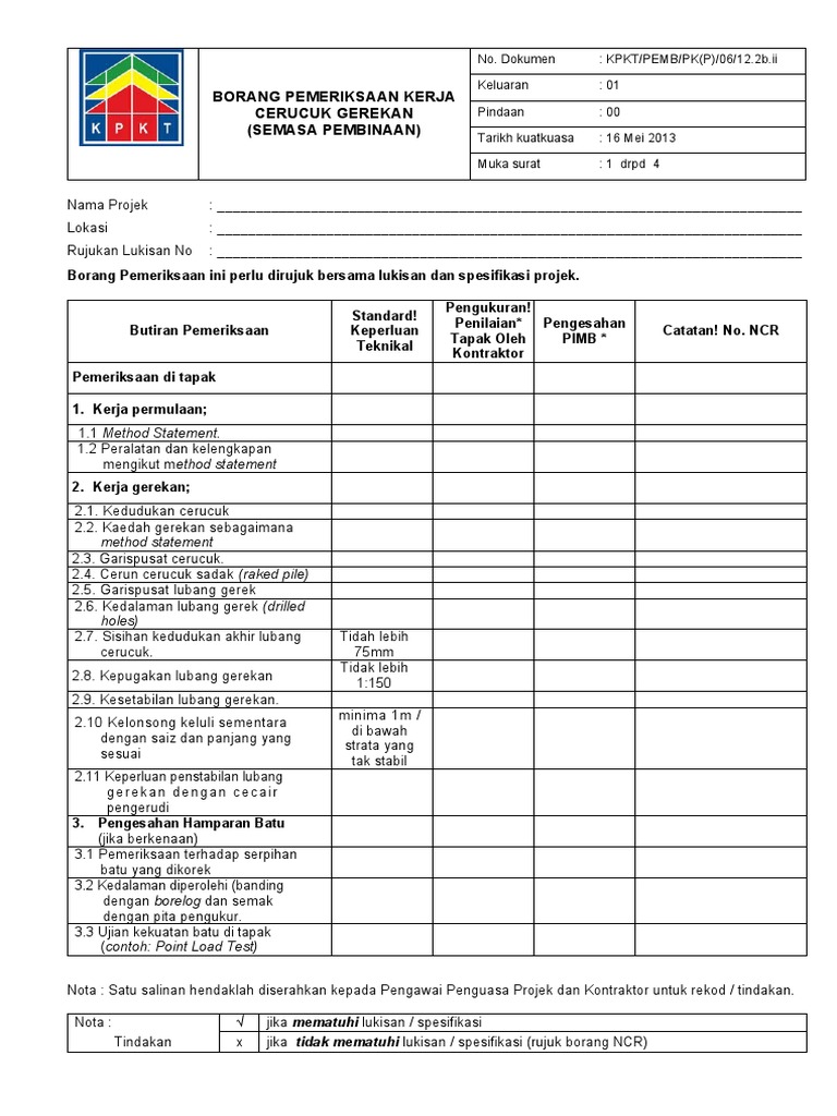 Borang Pemeriksaan Kerja Cerucuk Gerekan (Semasa Pembinaan) : Method ...