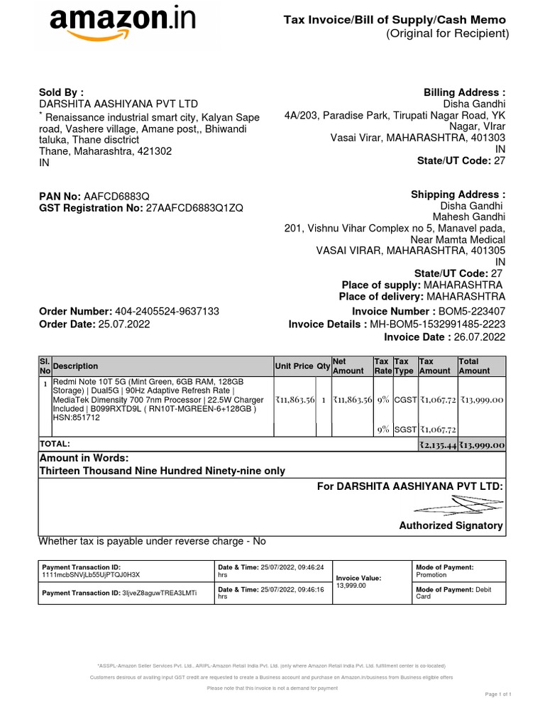 Redmi Note 10 Invoice | PDF | Invoice | Payments