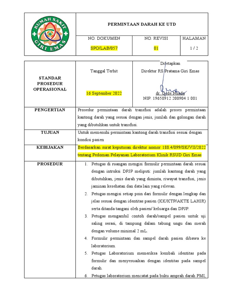 Permintaan Darah Ke Utd | PDF