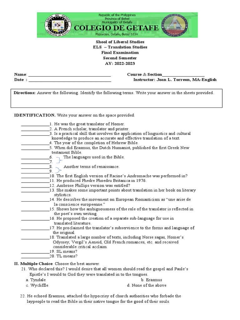FINAL EXAM - Translation Studies | PDF