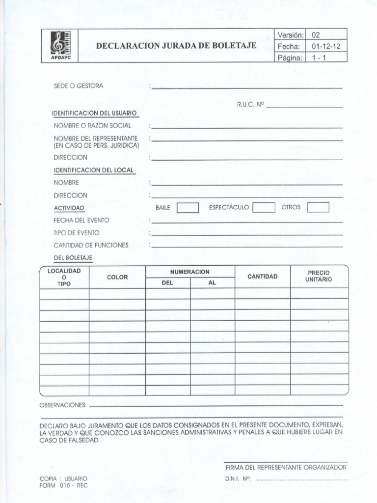 Declaracion Jurada de Boletaje | PDF
