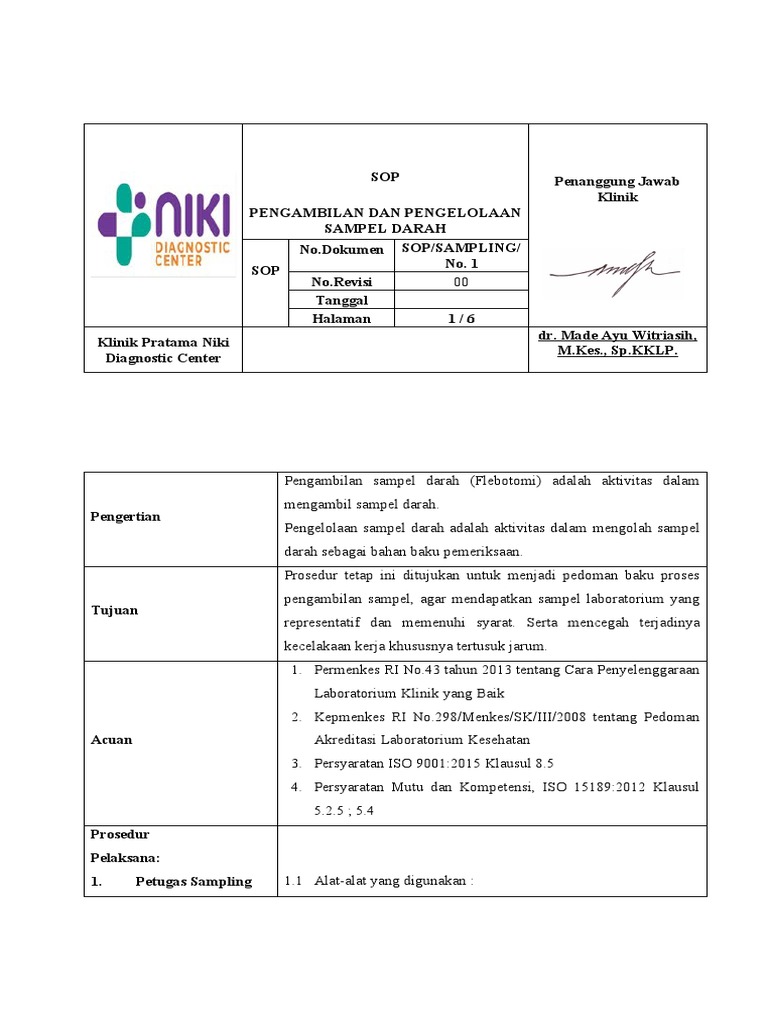 SOP 01 ENGAMBILAN DAN PENGELOLAAN SAMPEL DARAH | PDF