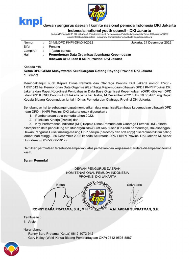 214 KNPI - Surat Permohonan - Data OKP - GEMA MKGR DKI | PDF