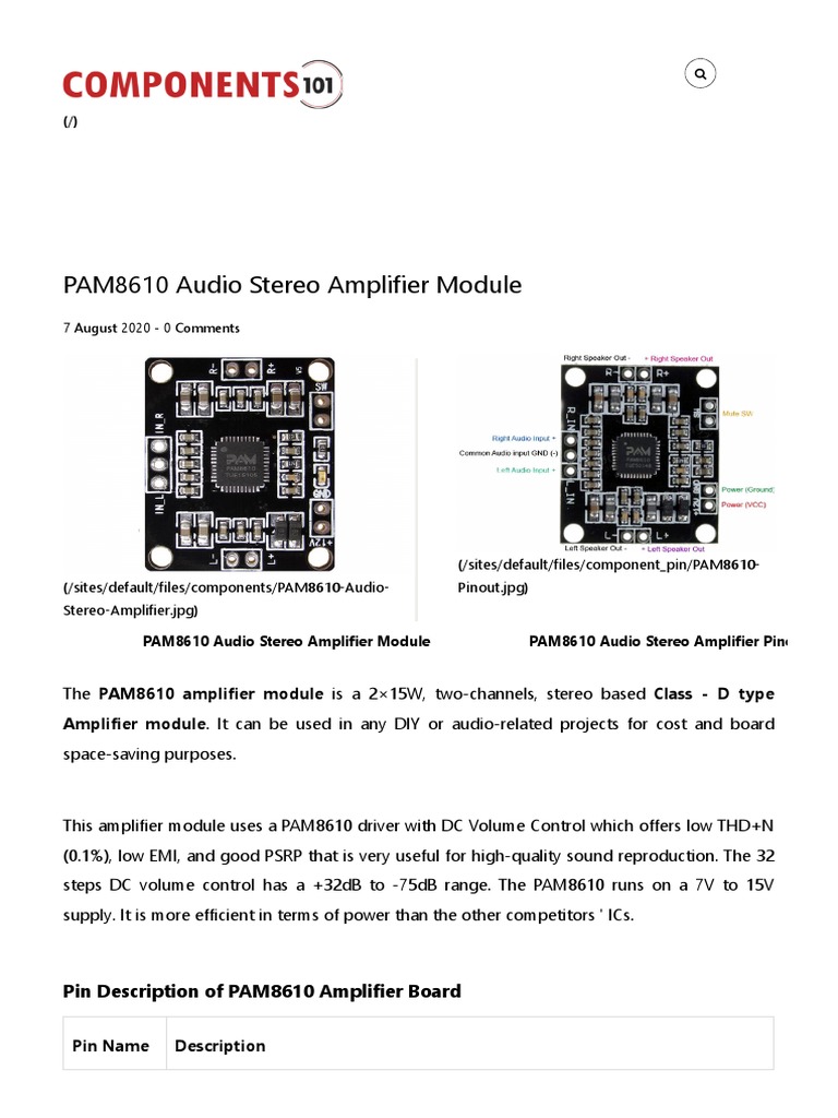 PAM8610 Audio Stereo Amplifier Module Pinout, Features, Specs & Datasheet | PDF | Amplifier ...