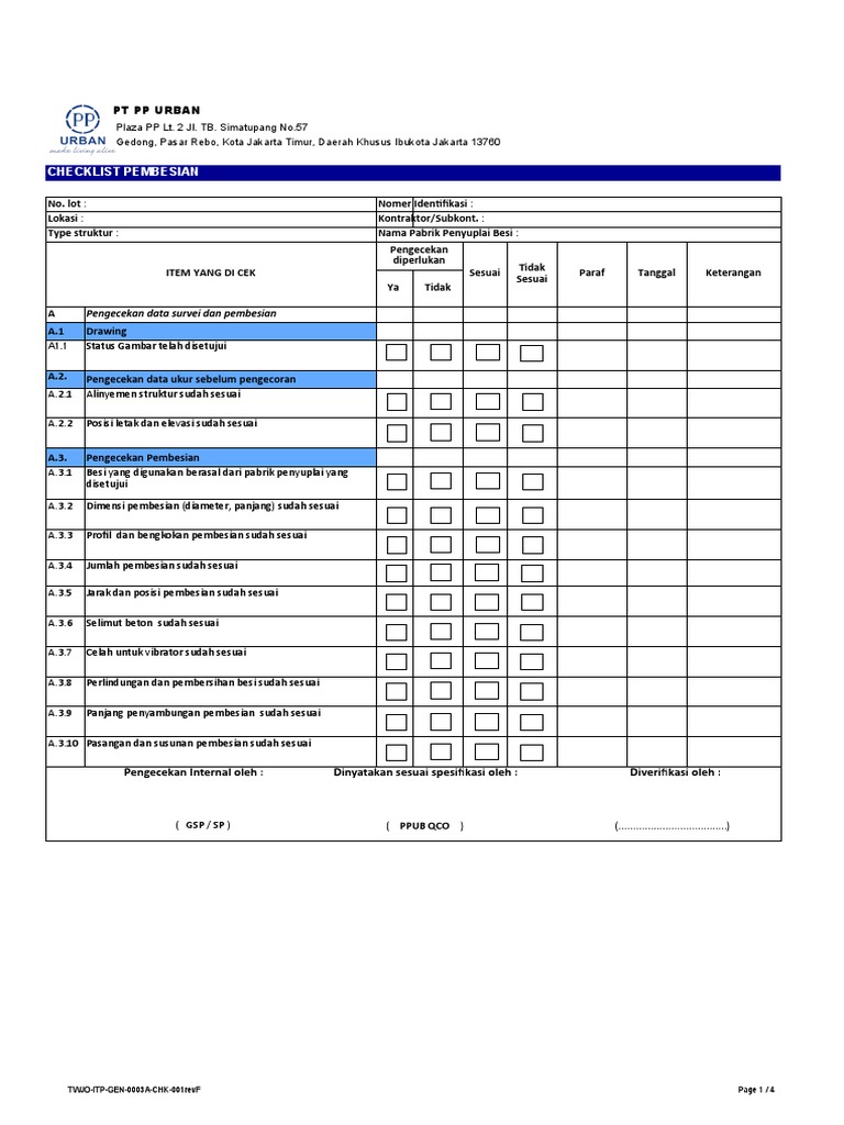 Form Ceklist Pekerjaan Beton | PDF