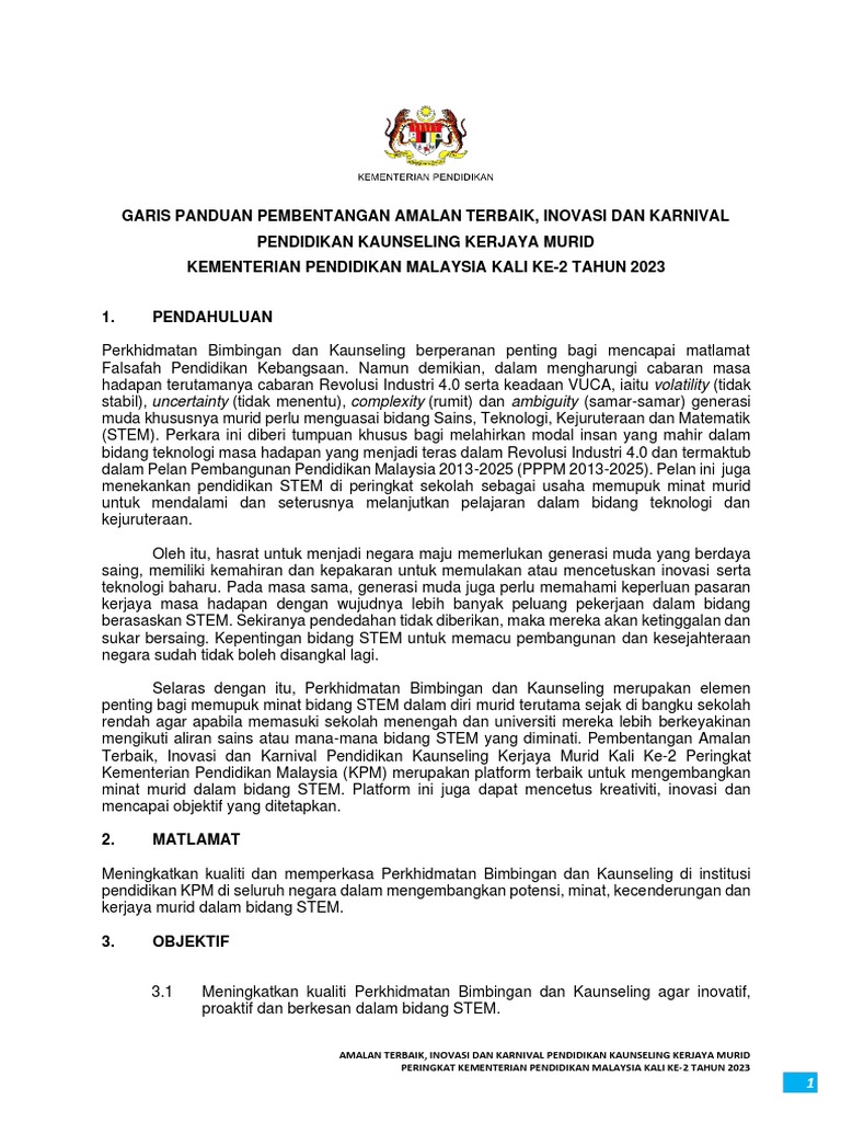 2023 Garis Panduan Amalan Terbaik, Inovasi Dan Karnival Pendidikan Kaunseling | PDF