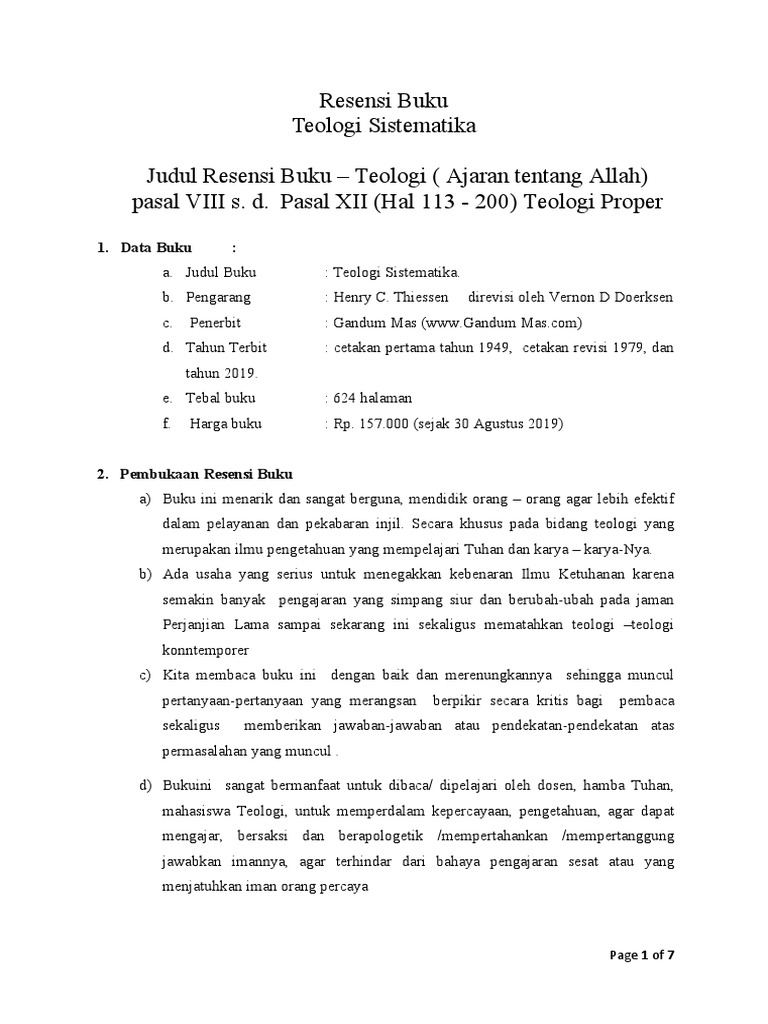 Resensi Buku Teologi Sistematika Teologi Proper Kel 2 | PDF