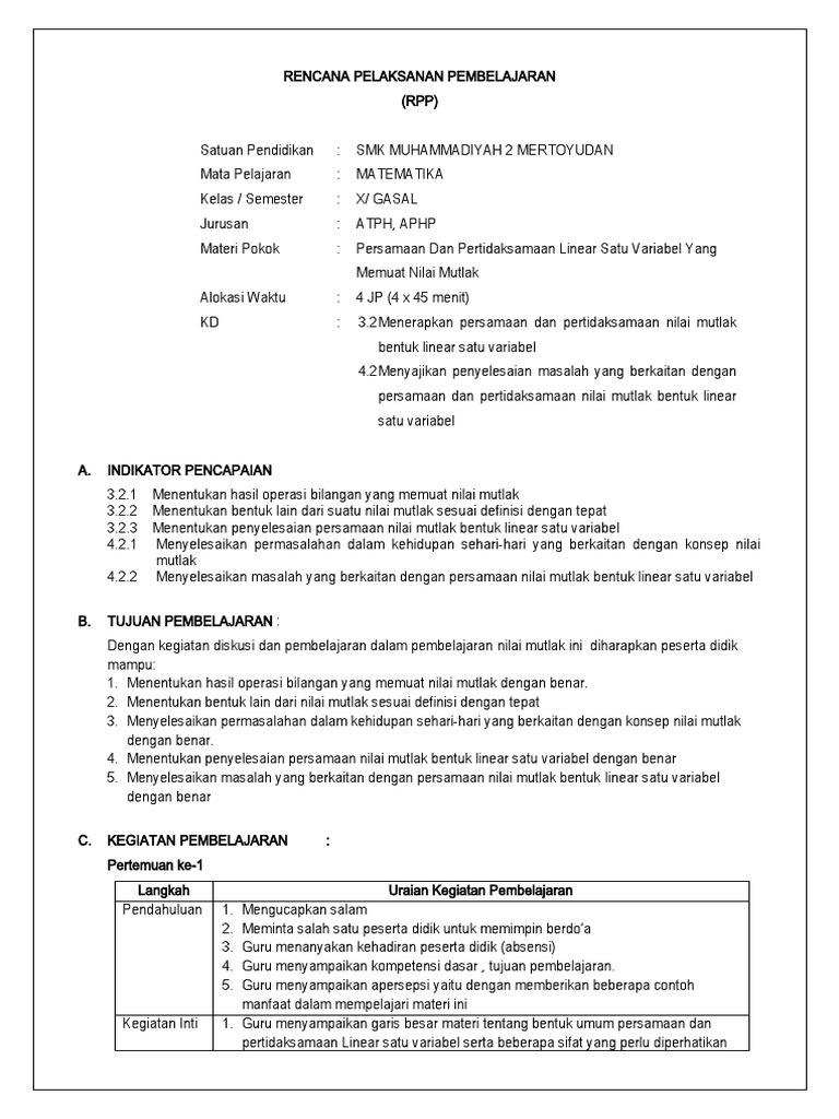 RPP MTK KELAS X KD. 3.2 Nilai Mutlak | PDF