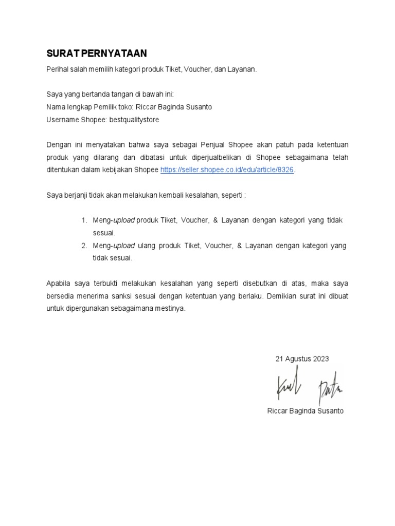 Surat Pernyataan - Perihal Penyelesaian Akun Toko | PDF