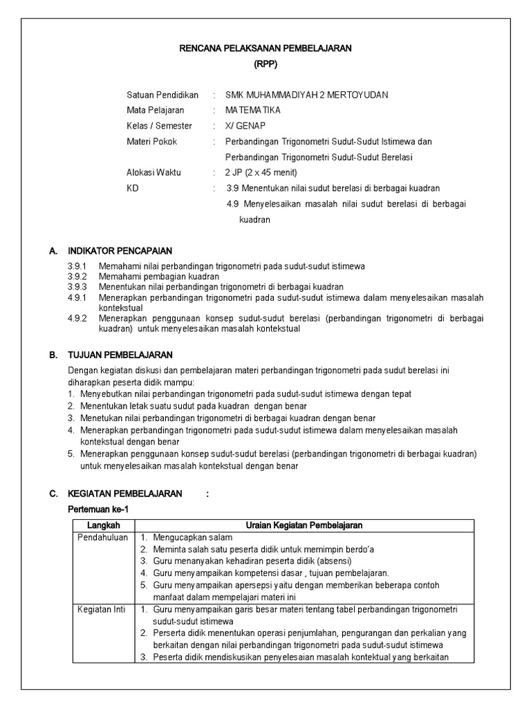 RPP MTK KELAS X KD. 3.9 Perbandingan Trigono SDT Berelasi | PDF