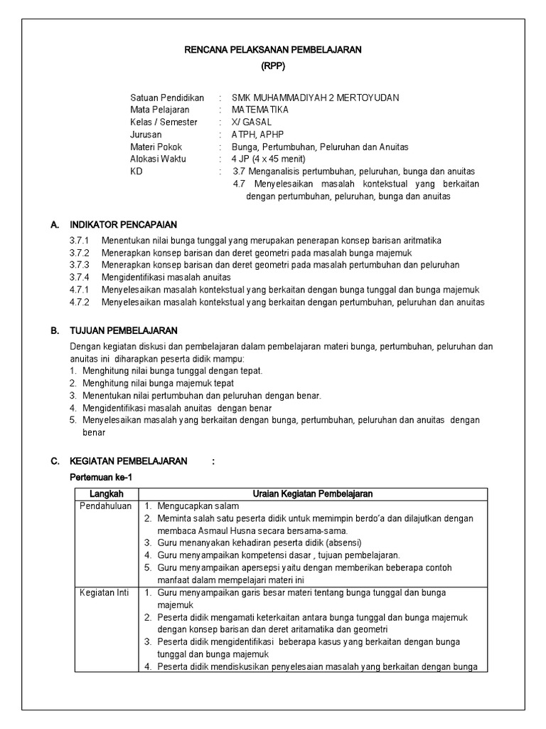 RPP MTK KELAS X KD. 3.7 Bunga | PDF