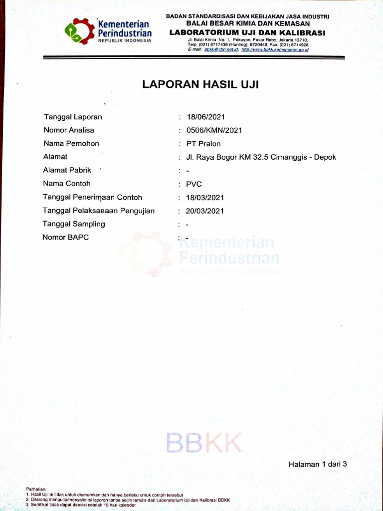 Hasil Uji BPOM Pipa PVC Di BBKK | PDF