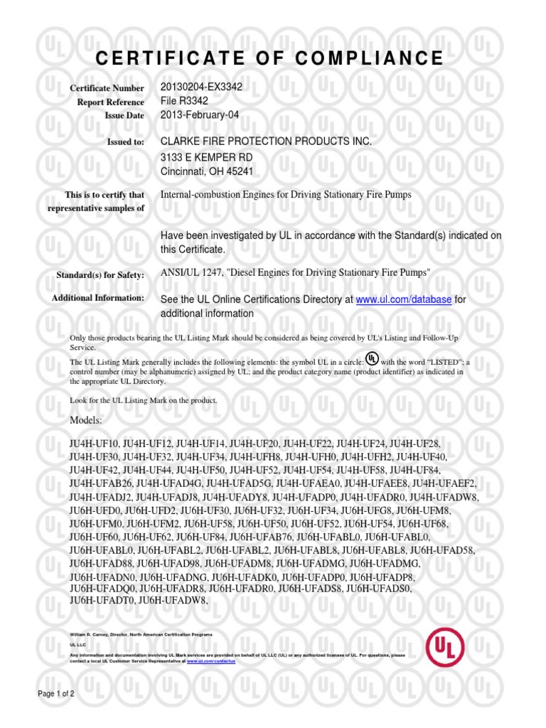 UL Certfificate of Compliance - All Engine Models | PDF