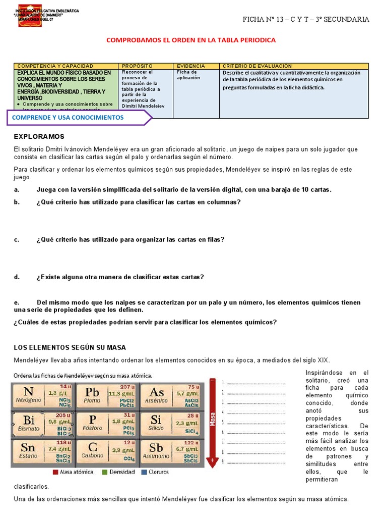 Ficha N°13 - Comprobamos El Orden de La Tabla Periodica - 3roaño - IIIB ...