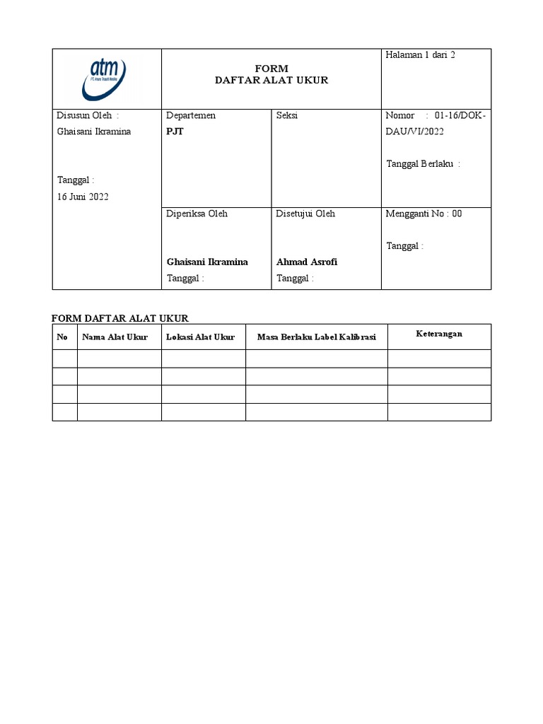Form Daftar Alat Ukur | PDF