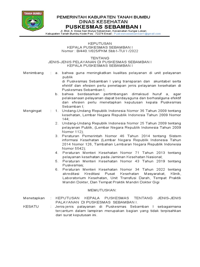 1.1.1.1 SK Kapus Tentang Jenis Pelayanan Edit | PDF