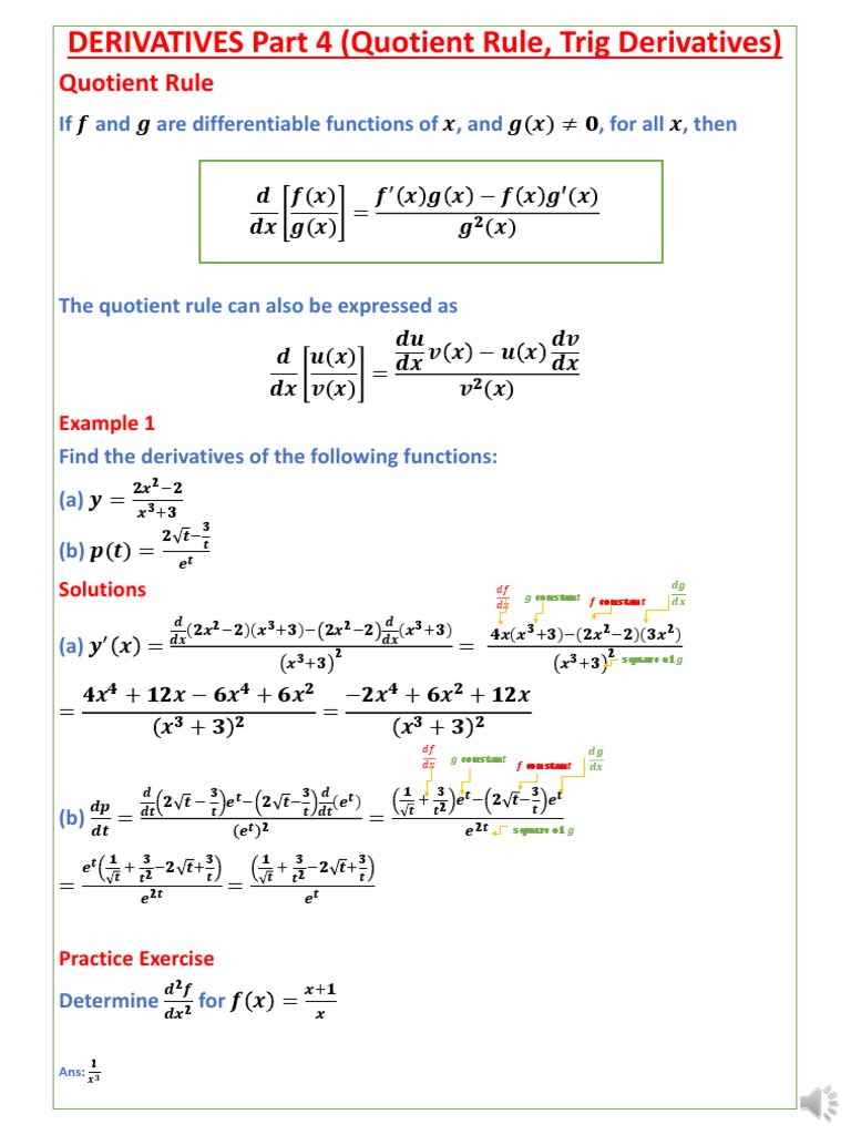 MATH160 Notes On Derivatives Part 4 (Quotient Rule and Trigonometric ...