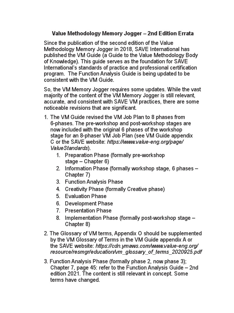 The Value Methodology Memory Jogger Errata Sheet Jan 2023 Zu37ui | PDF