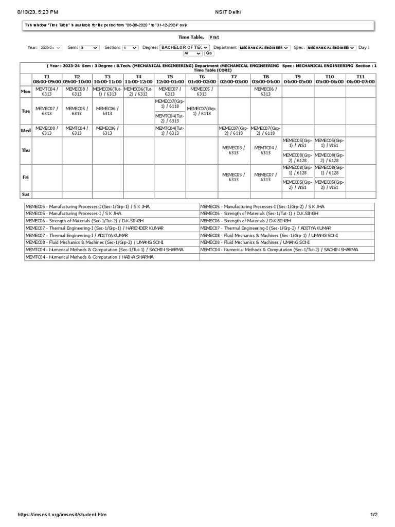 Section 1 Time Table | PDF