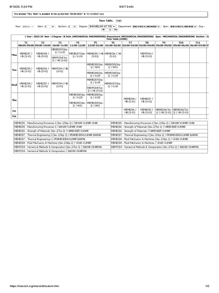 Section 2 Time Table | PDF Section 2 Time Table | PDF