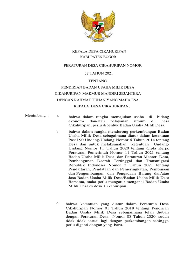 Perdes Pendirian Bumdes Cmms - Update | PDF