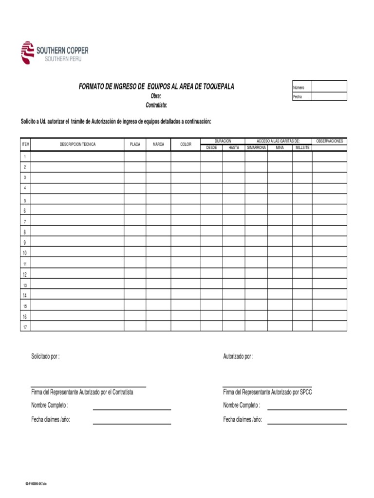 Formato de Ingreso de Equipos Al Area de Toquepala | PDF