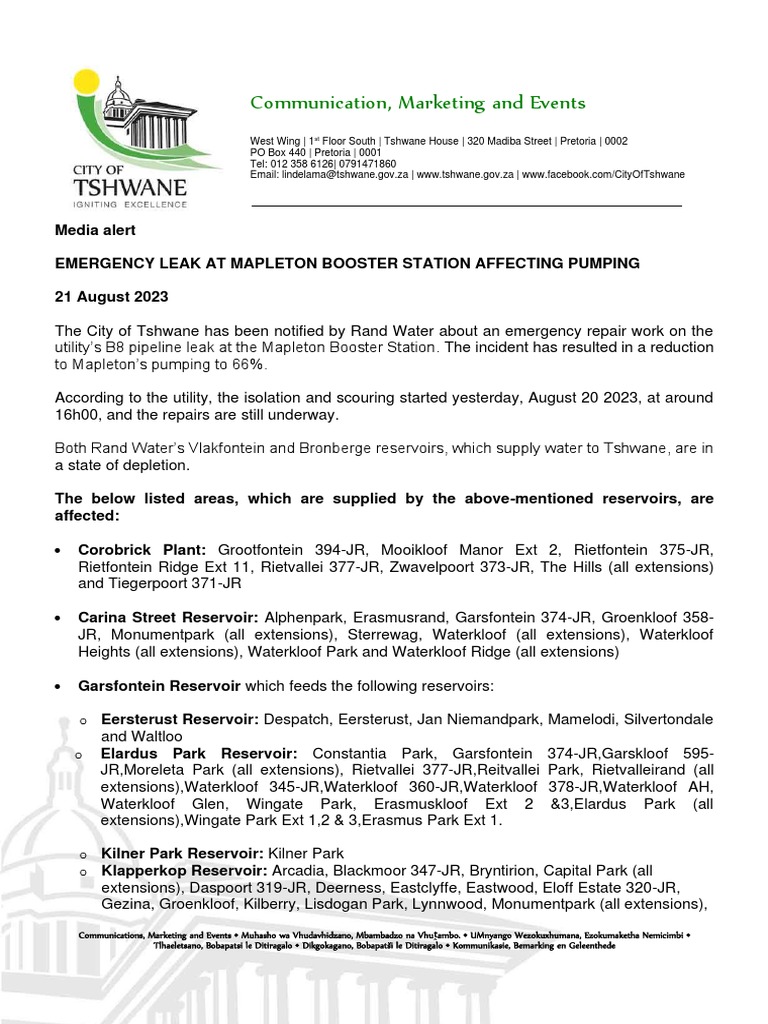 Emergency Leak at Mapleton Booster Pumping Station Affecting Pumping ...