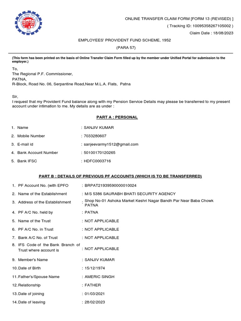 Transfer PF Sanjeev | PDF