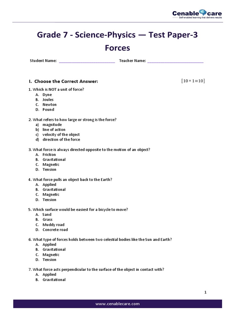 Grade 7 Forces Test Paper | PDF | Force | Friction