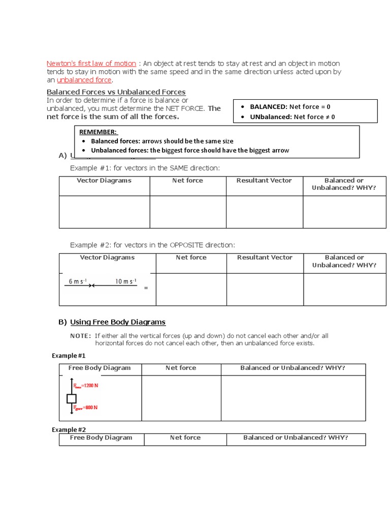 Balanced and Unbalanced Forces - Worksheets1 | PDF